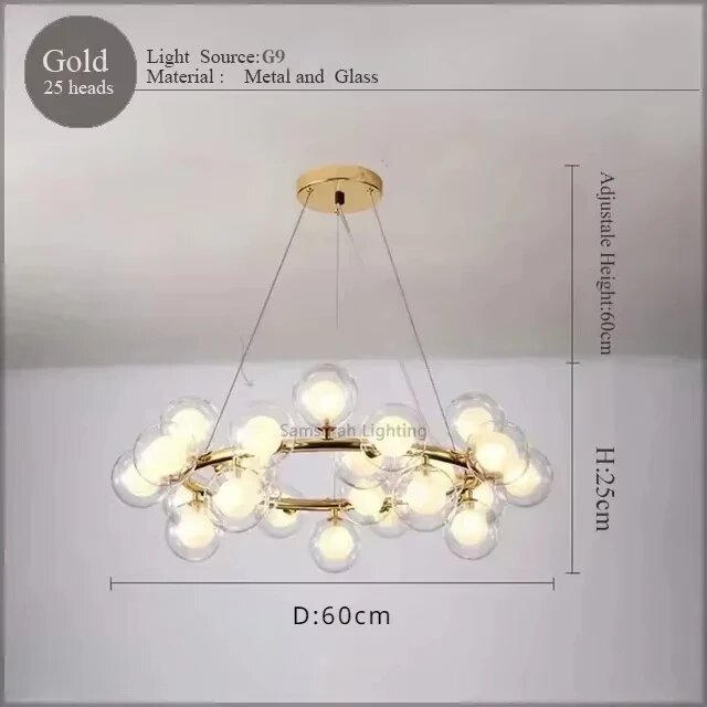Светодиодная подвесная люстра Nordic Glass Bubble золотистого цвета для спальни, гостиной, столовой, кухонного острова, декора дома Lustre-A-Gold 25 светодиодов