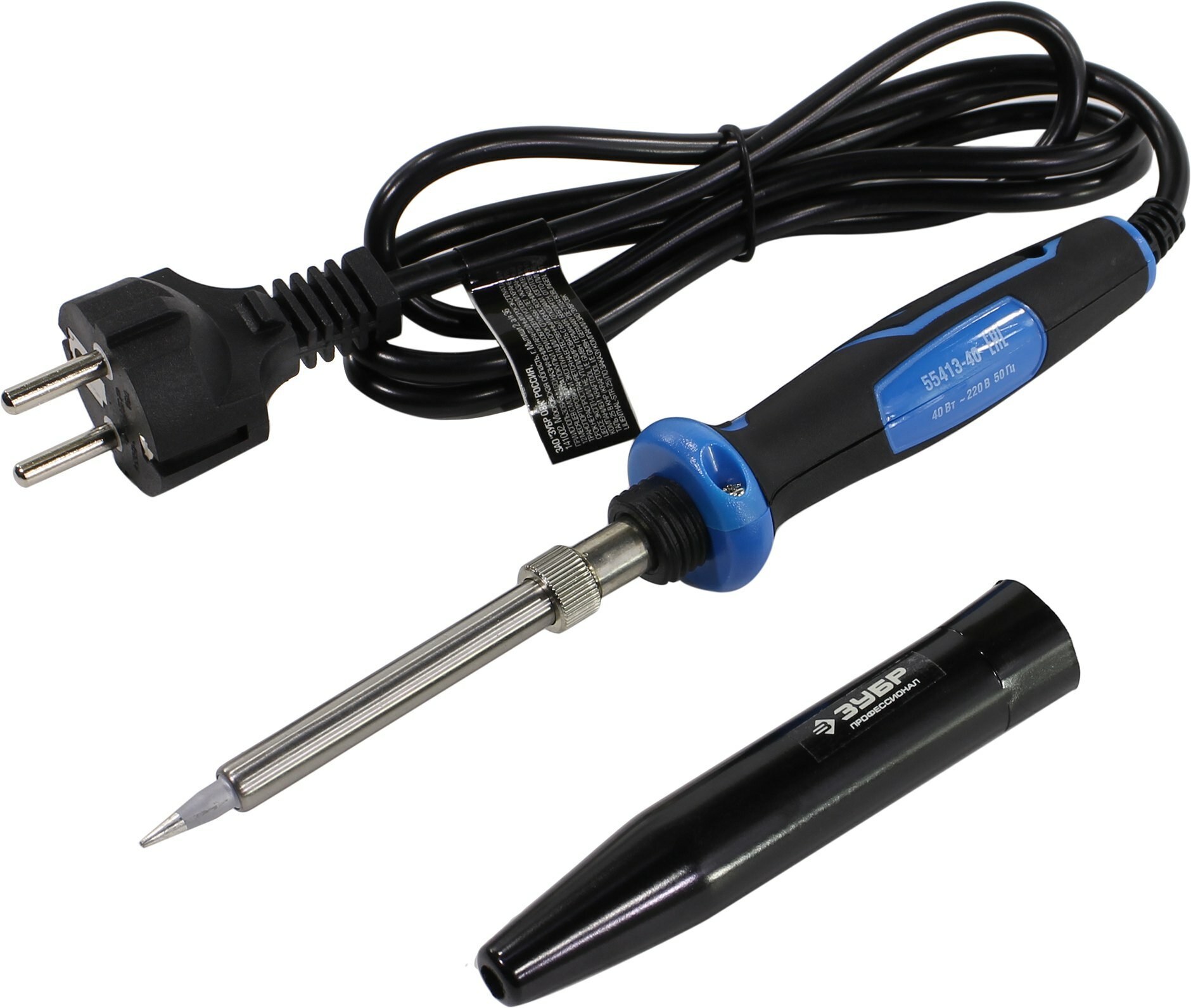 ЗУБР Ceramic PRO, 40 Вт, керамическим нагреватель, конус, 2-к рукояткой, электропаяльник с защитным колпачком, Профессионал 55413-40