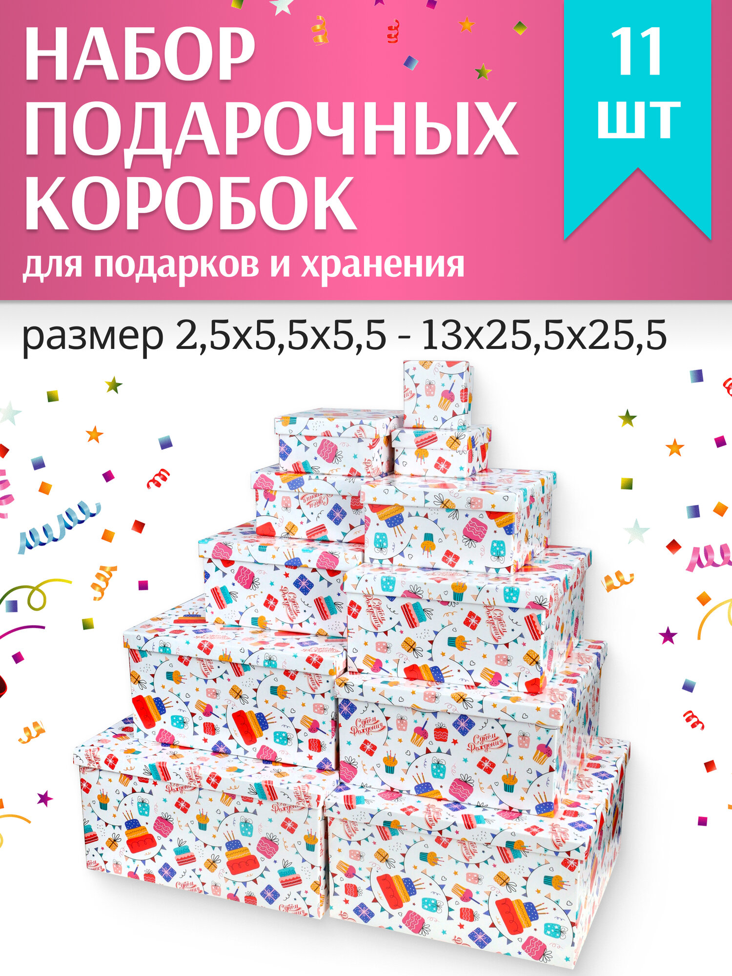 Набор из 11 квадратных коробок "День рождения" 5.5х5.5х2.5 см - 25.5х25.5х13 см. Собственная разработка