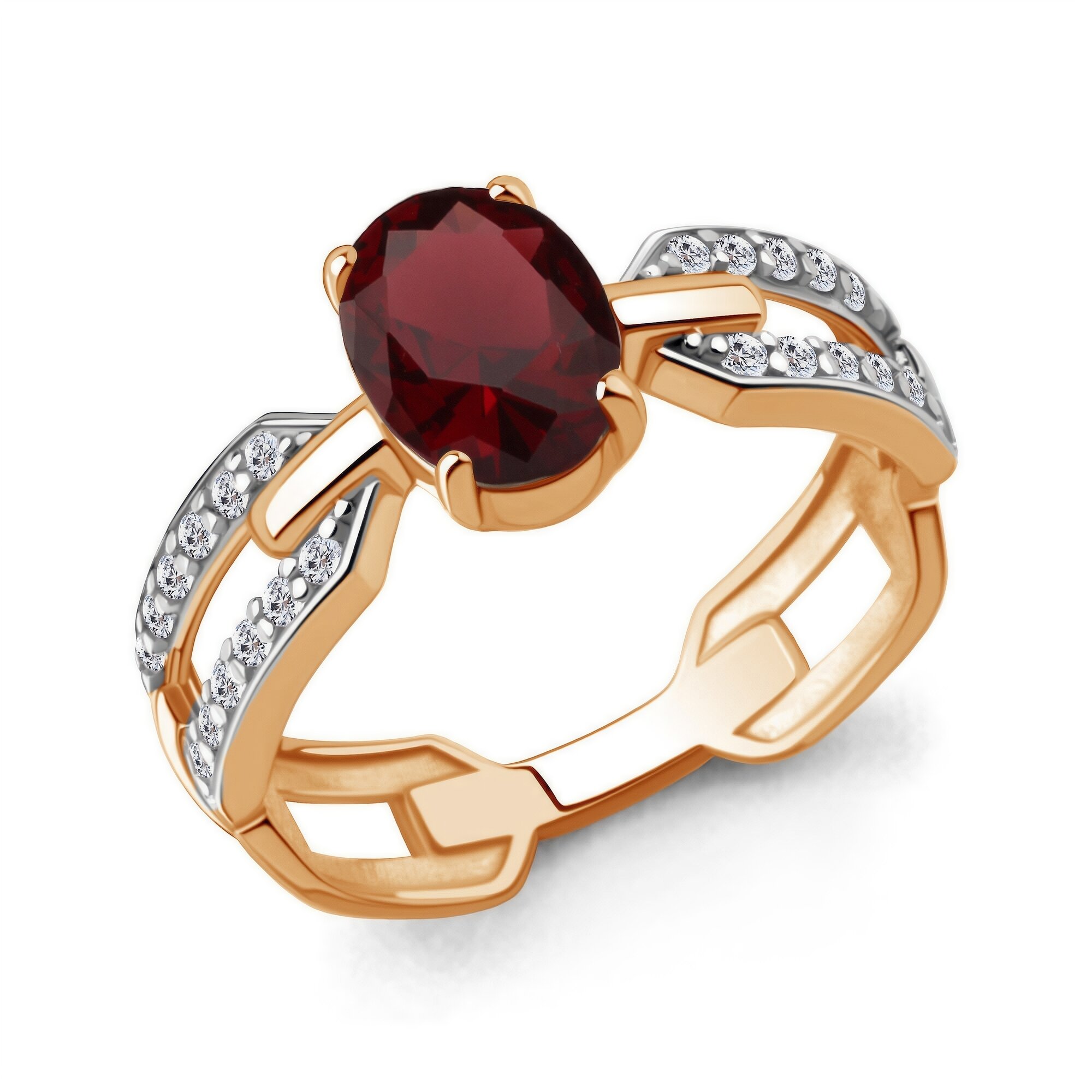 Кольцо, серебро, 925 проба, золочение, фианит, гранат