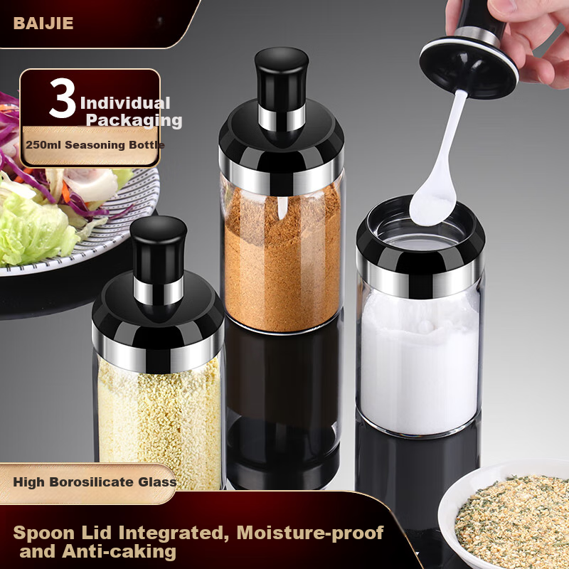 Baijie High Borosilicate Glass Seasoning Bottle Set of 3 Integrated Seasoning Bottles Glass Seasoning Dispenser Seasoning Box Sealed Seasoning Jar