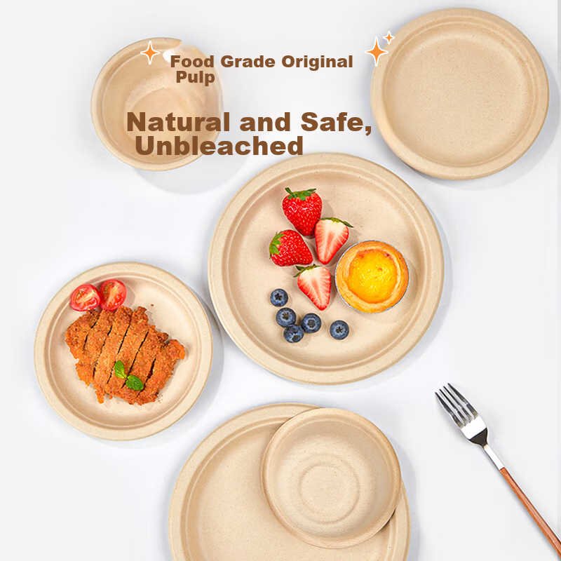 SHUANG YU Sugarcane Pulp Paper Plates, Bowls, Disposable Tableware, Waterproof, Oil-Resistant, Natural Color, Biodegradable, Round Plates, 9 Inches, 20 Pieces Per Pack