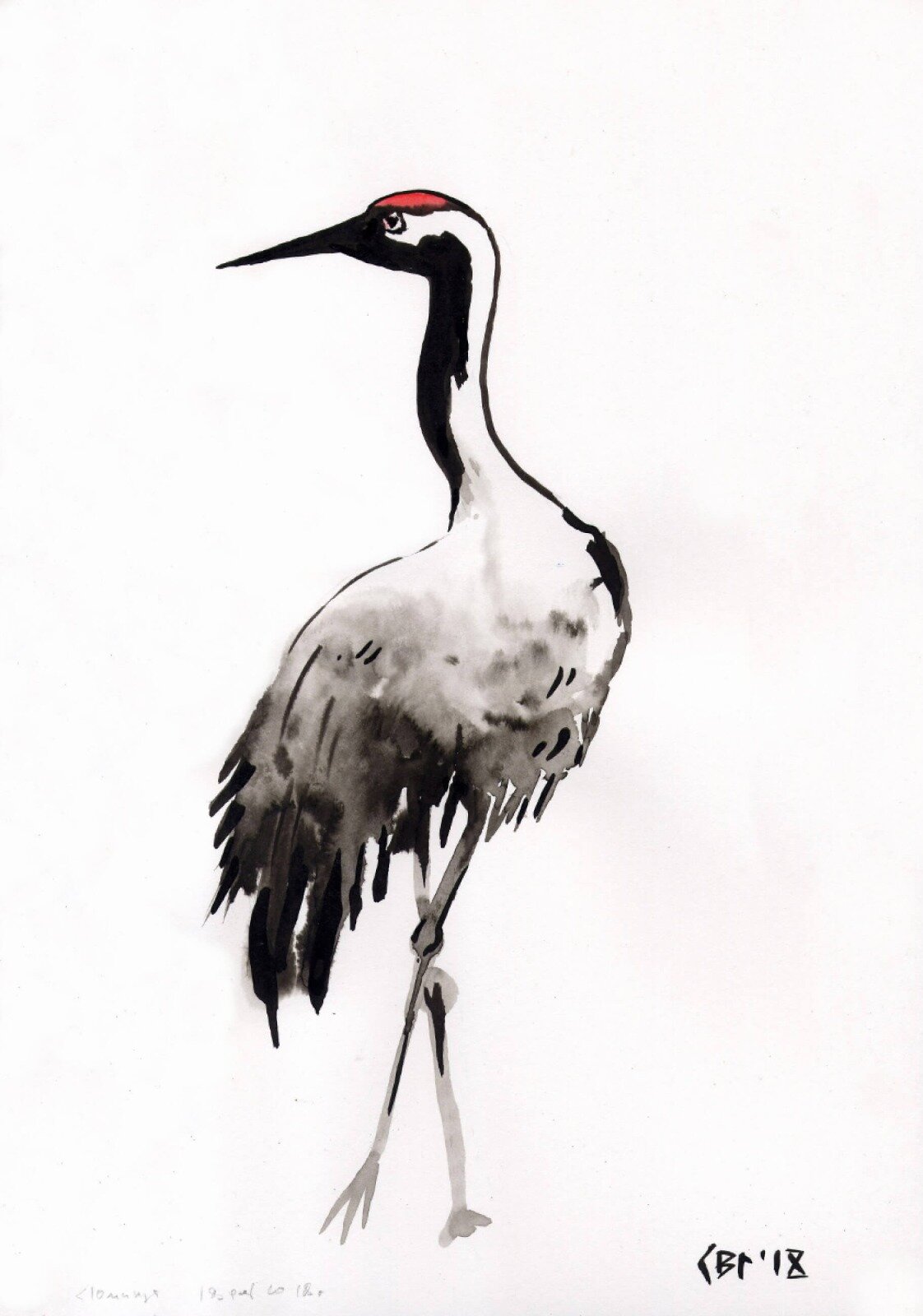 Картина "Японский журавль", тушь на бумаге, ручная работа, 21х30 см