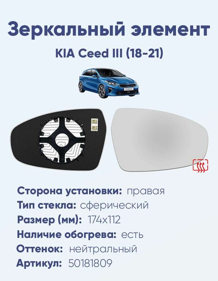 Зеркальный элемент правый KIA Ceed III (18-21) сфера нейтральный с обогревом