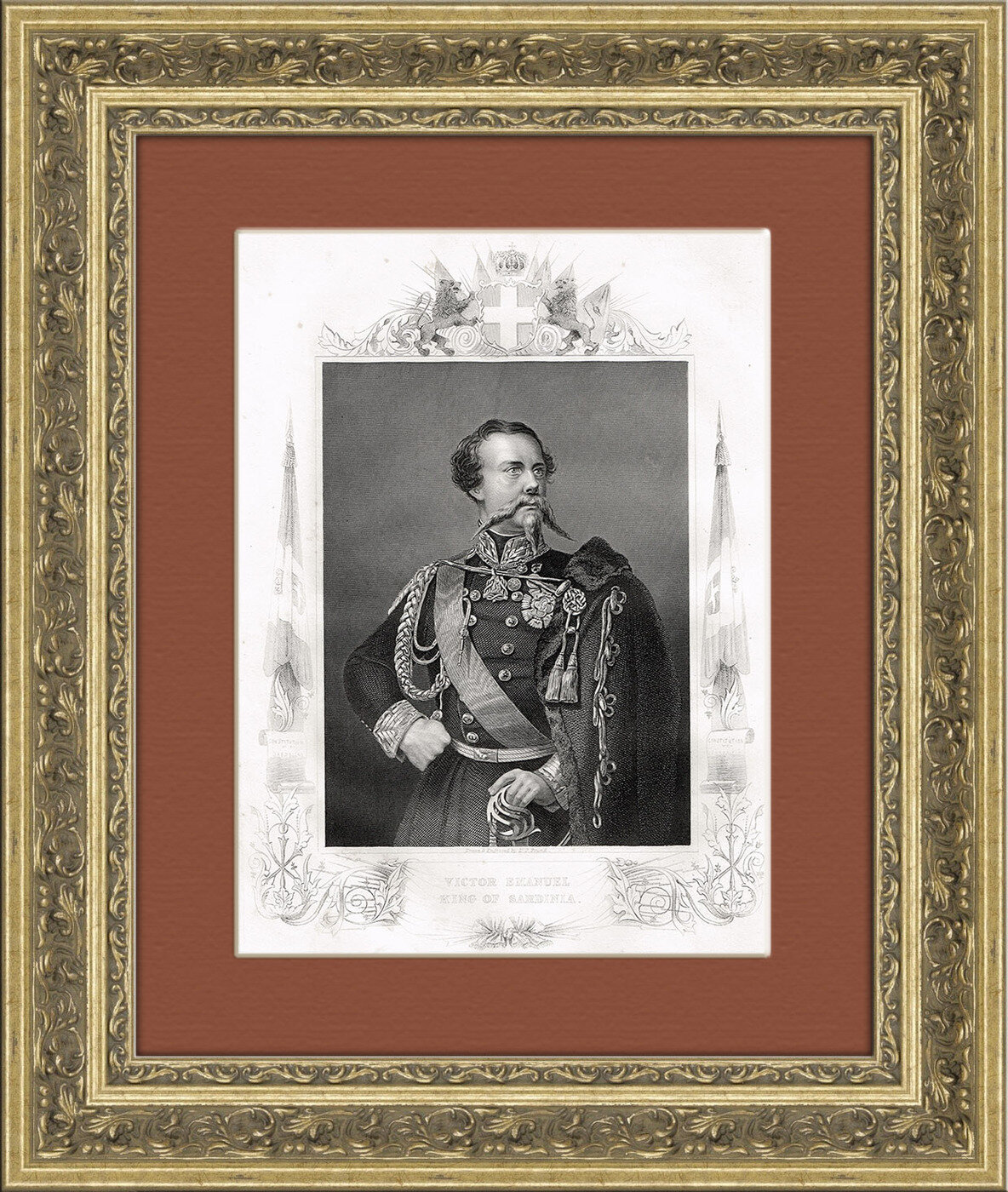 Король Сардинии Виктор Эммануил II. Старинная гравюра в раме