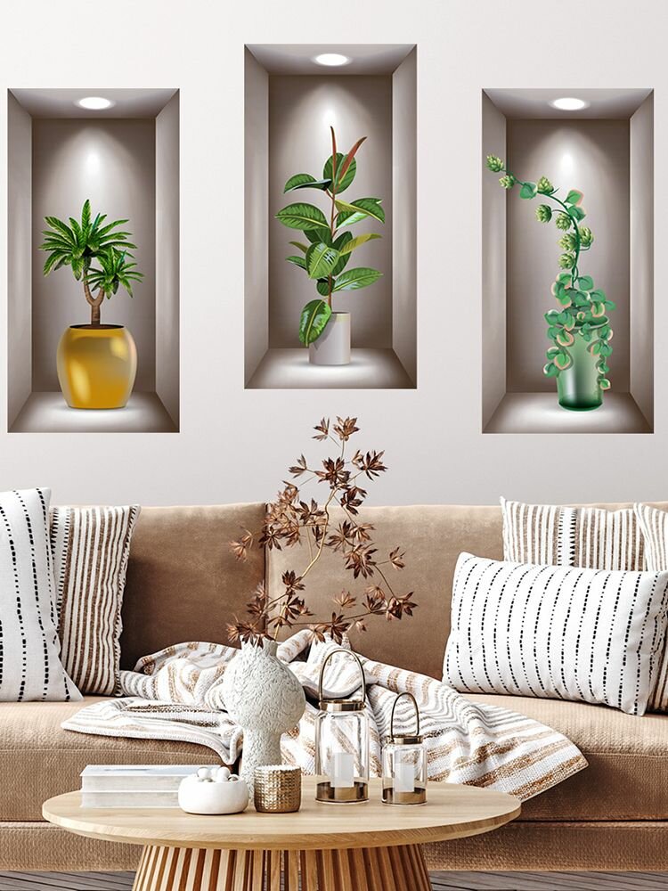 3D наклейки на стену "Суккуленты" — объемные, для кухни/спальни/балкона, декор без полива