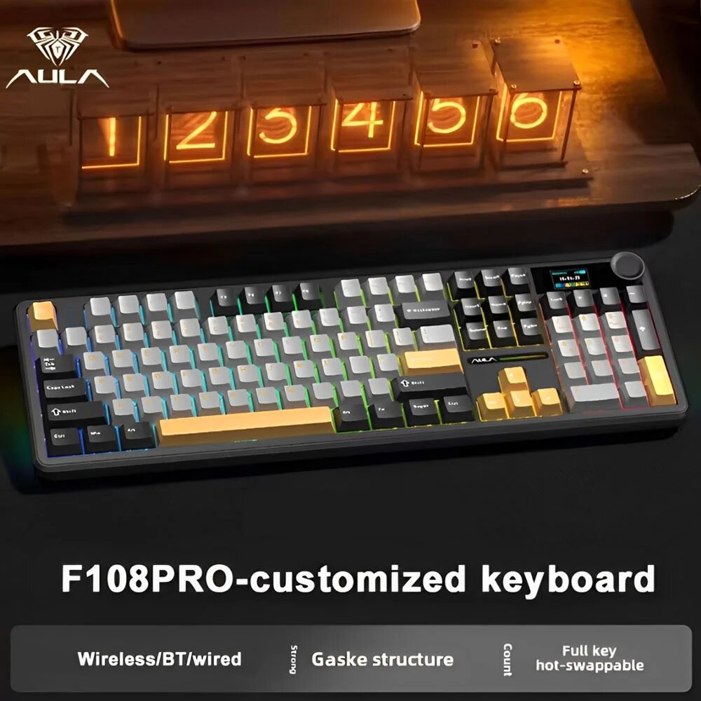 AULA F108 PRO Беспроводная механическая клавиатура Reaper Axis, Black Gray Yellow
