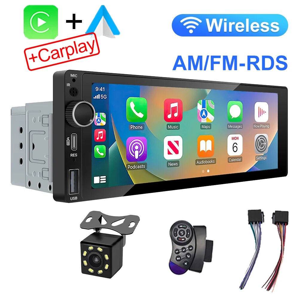 6.9' 1DIN Автомобильный Мультимедийный Плеер С Carplay, Android Auto, Bluetooth, USB, DVD, MP5, Сенсорным Экраном