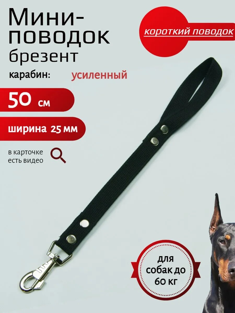 Мини-поводок Хвостатыч для собак с усиленным карабином брезент 50 см х 25 мм (черный)