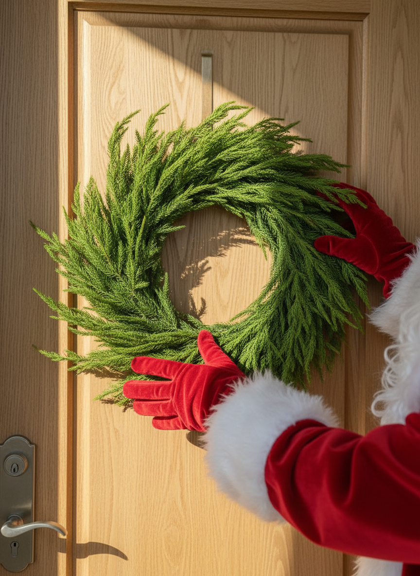 Рождественский венок из литого силикона на плетеной основе , зеленая хвоя, без декора, 43 см