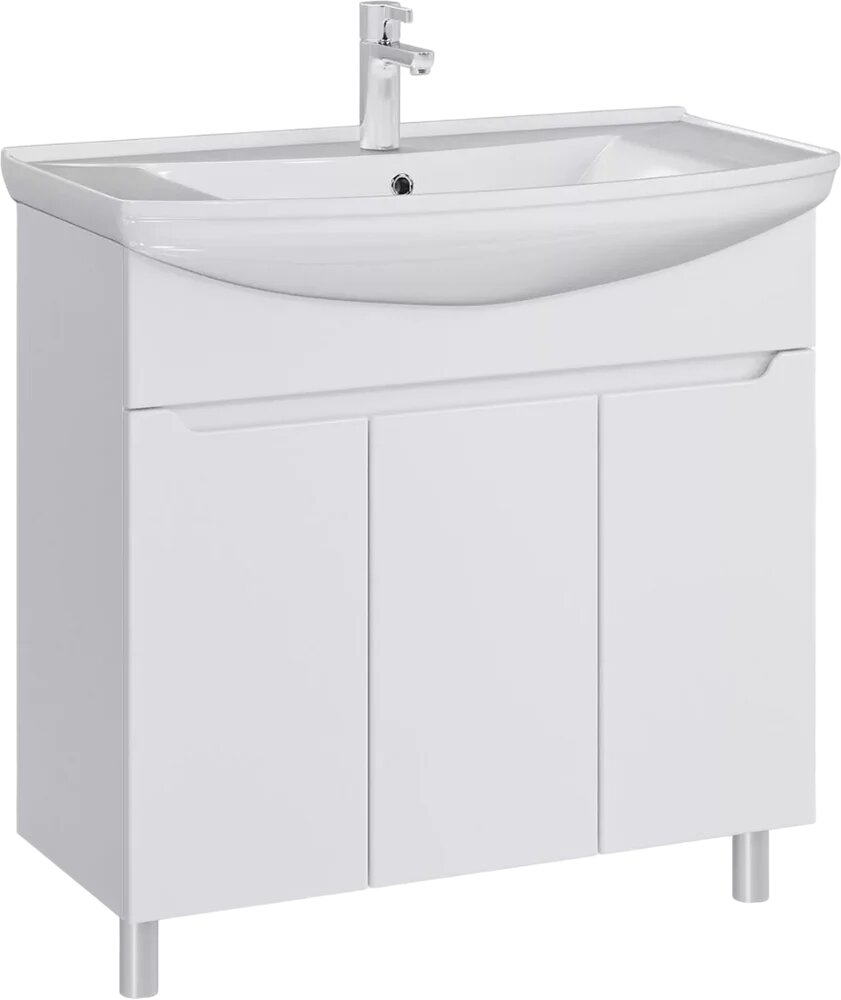 Тумба с раковиной SanStar Bianca 85 86, 5 см, белая, глянцевая, из МДФ, с дверками, раковина для ванной фаянсовая, полукруглая, встроенный слив-перелив