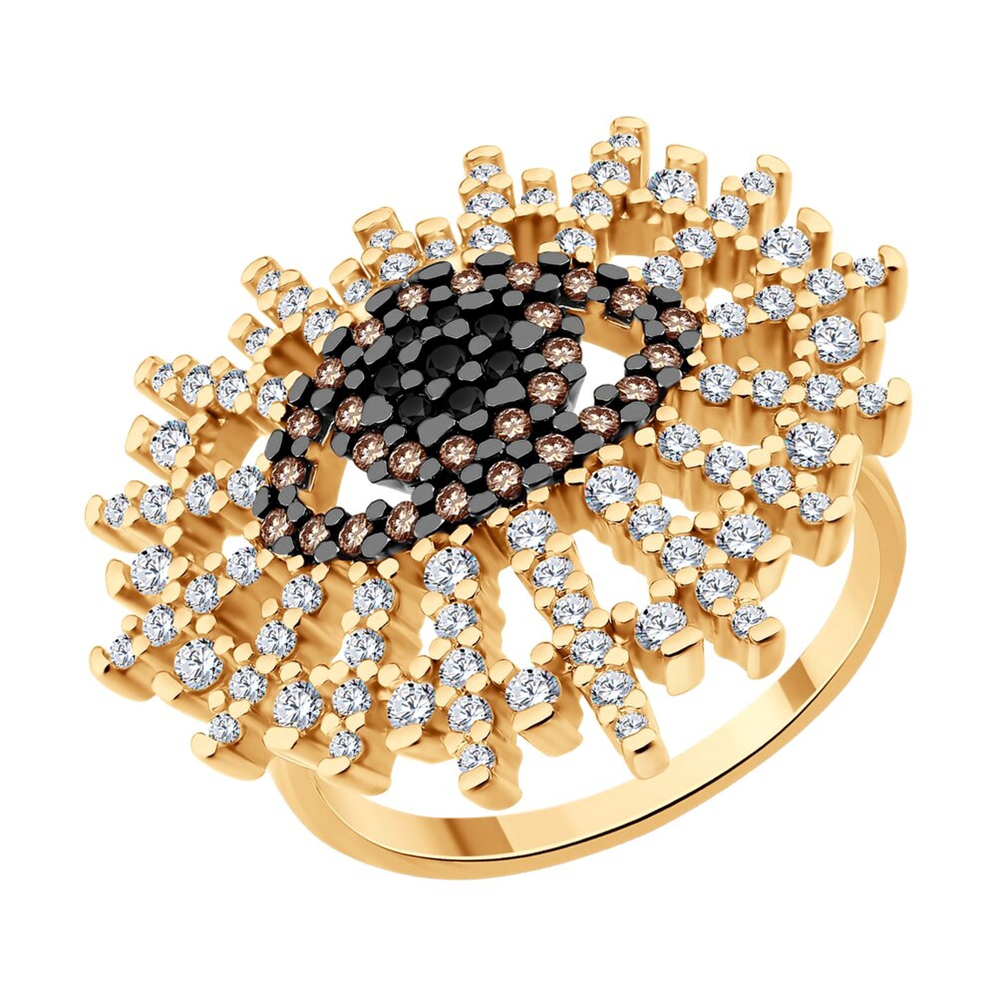 Кольцо, серебро, 925 проба, золочение, фианит