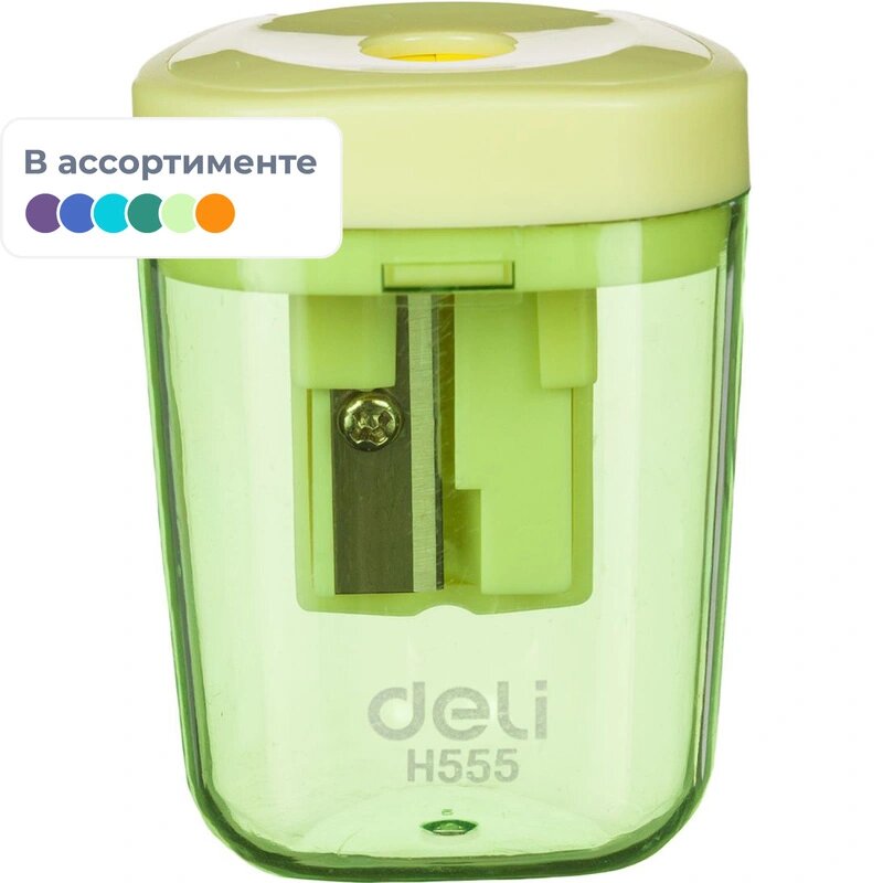 Точилка ручная Deli, 1 отв, контейнер, автомат. клапан, пластик, ассорти
