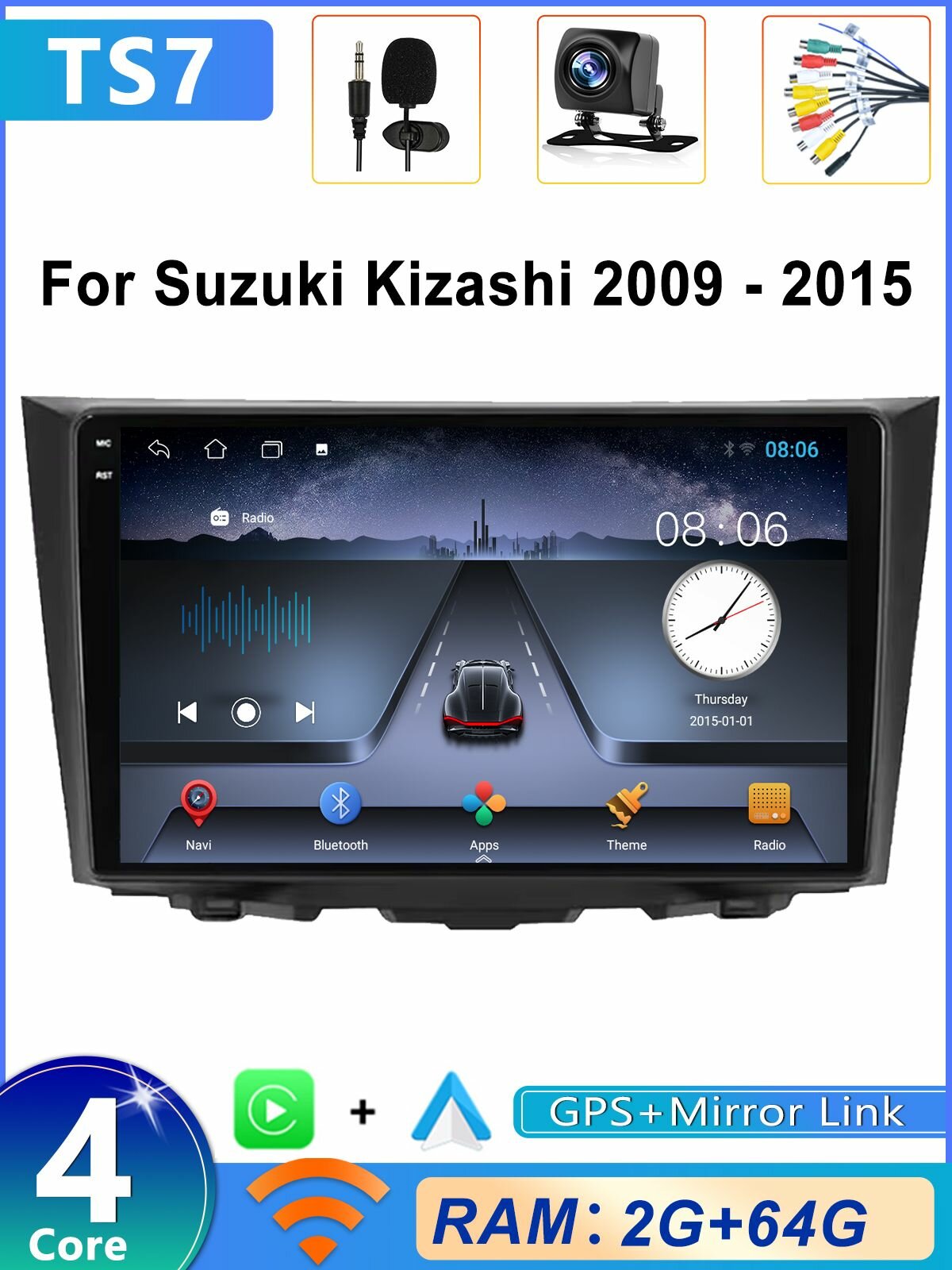 Автомагнитола Android подходит для Suzuki Kizashi 2009 - 2015, Bluetooth Wi-Fi Сенсорные кнопки , Серебристый CARPLAY IPS