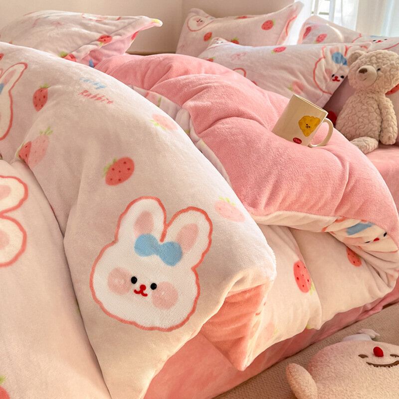 Зимний комплект постельного белья из флиса кораллового цвета из четырех предметов (класс А, пододеяльник из молочного флиса, утолщенное фланелевое постельное белье, простыни и пододеяльники на флисовой подкладке),200*230cm