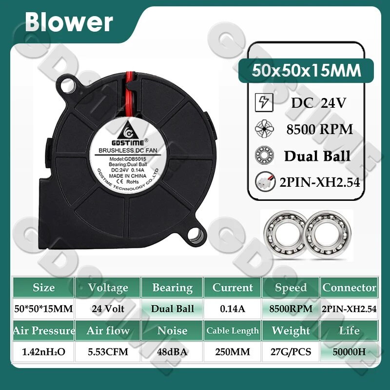 Gdstime 5015 вентилятор для 3D принтера 1Pc 5015 Blower, 24V Ball 8500RPM