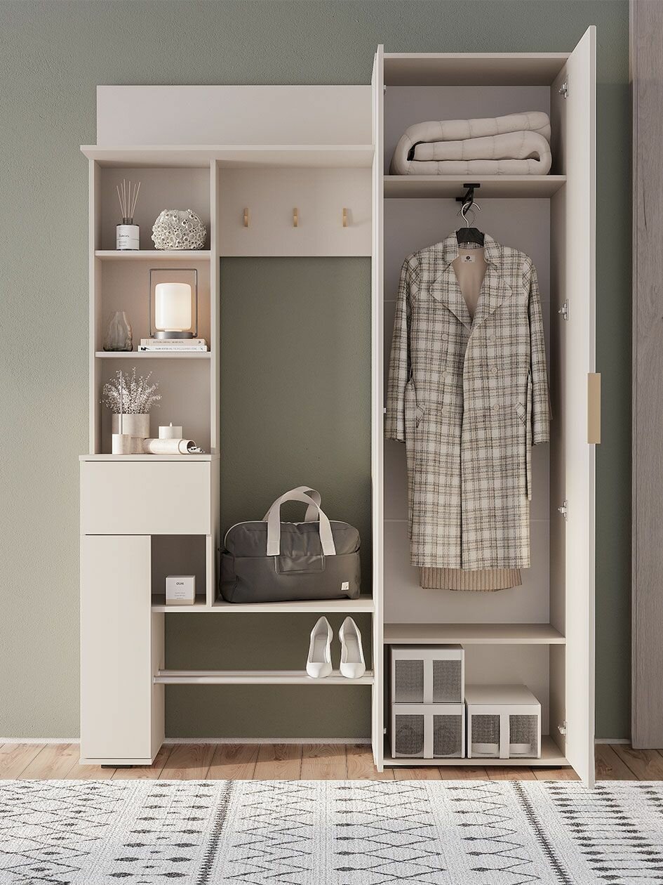 Прихожая комплект Ницца с вешалкой, с полками, с ящиком, с обувницей, с зеркалом, 150х37.2х217.6 см, Кашемир