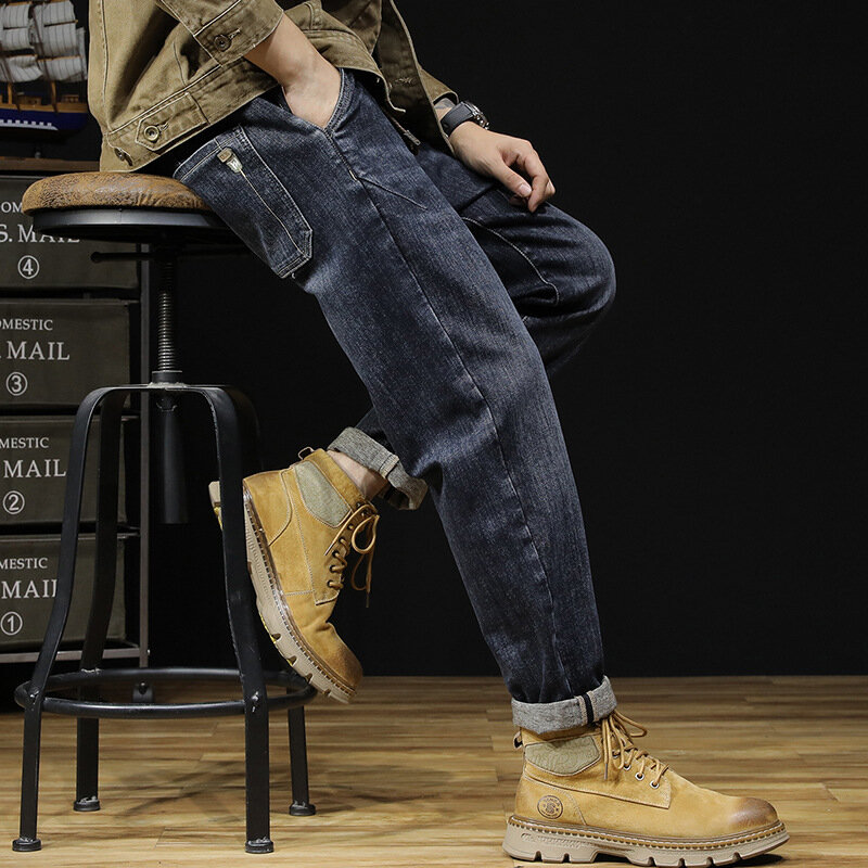 Чистый цвет Новые джинсы муж. свободн. средняя длина винтажные джинсы муж. япон. плус размер джинсы муж. Грей/4XL