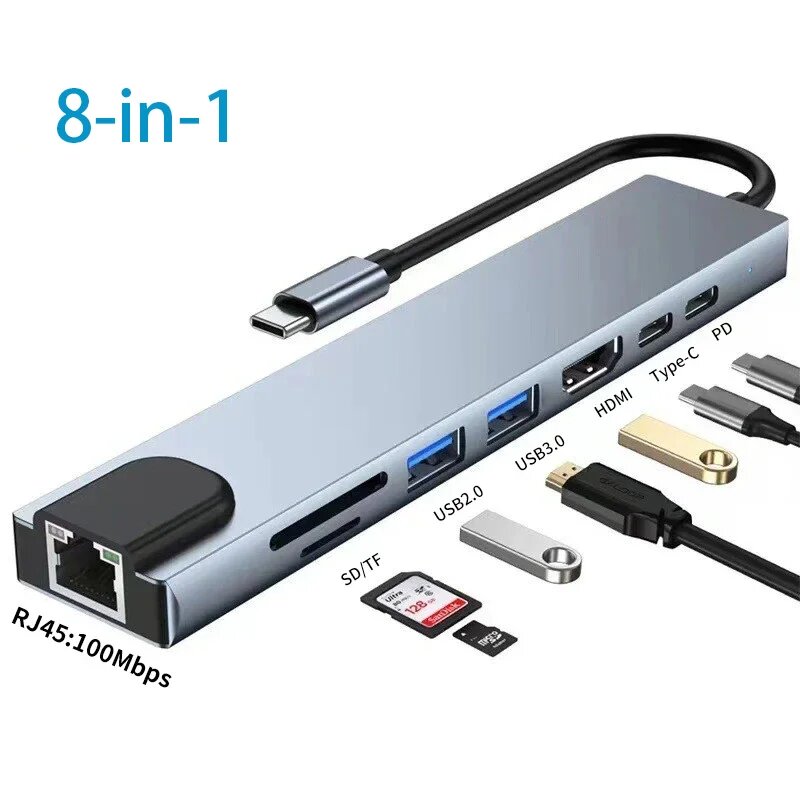 USB-C Хаб 8-в-1 100Mbps network port