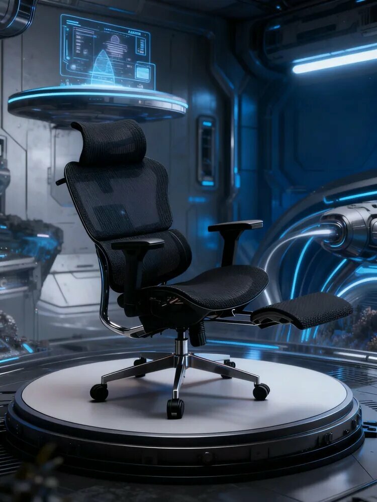 Кресло компьютерное, Офисное кресло, Черная рама и черная сетка + подголовник, полая подушка сиденья, регулировка глубины сиденья на 5 см, 3D-подлокотник; с подставкой для ног; стальные ножки