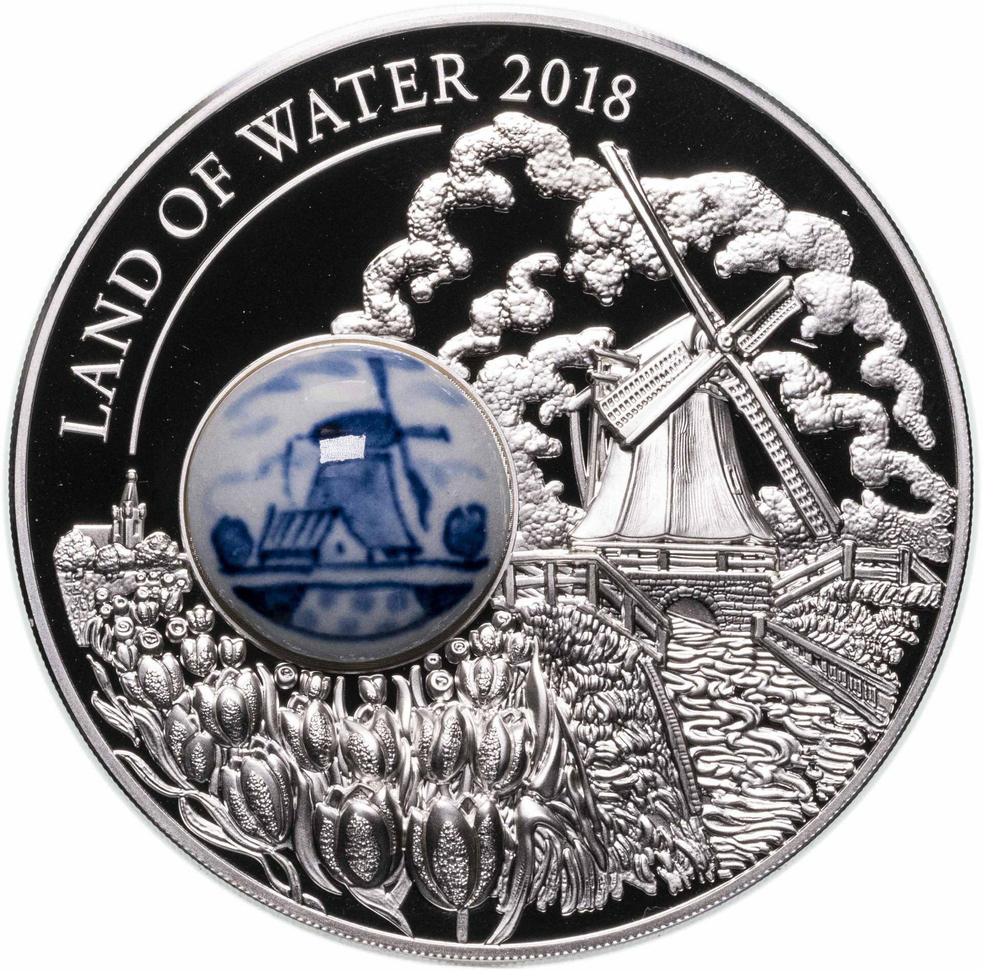 Острова Кука 10 долларов 2018 "Фарфор Delft - Страна воды Мельница", в футляре с сертификатом, Серебро 999, в сохранности Proof