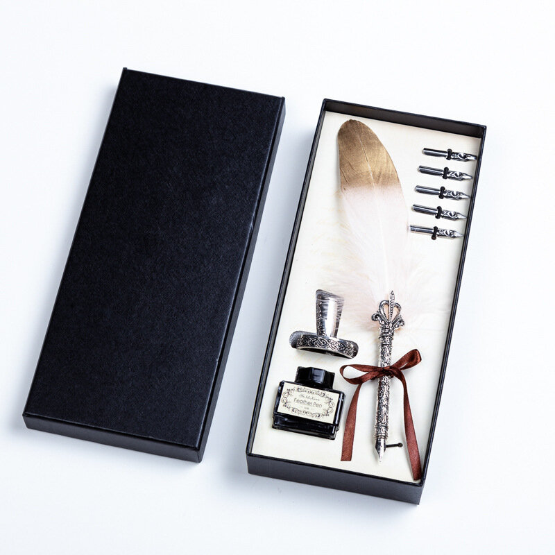 Набор перьевых ручек в европейском стиле, винтажная корона, подарочная коробка, ручка с наклонным пером, держатель для ручки, набор перьевых ручек с резьбой, оптовая продажа
