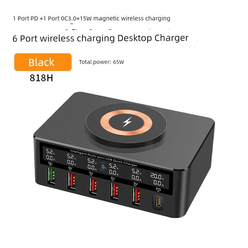 65Вт высокоеэффективное 6-портовое зарядное устройство GaN USB-C (818H)