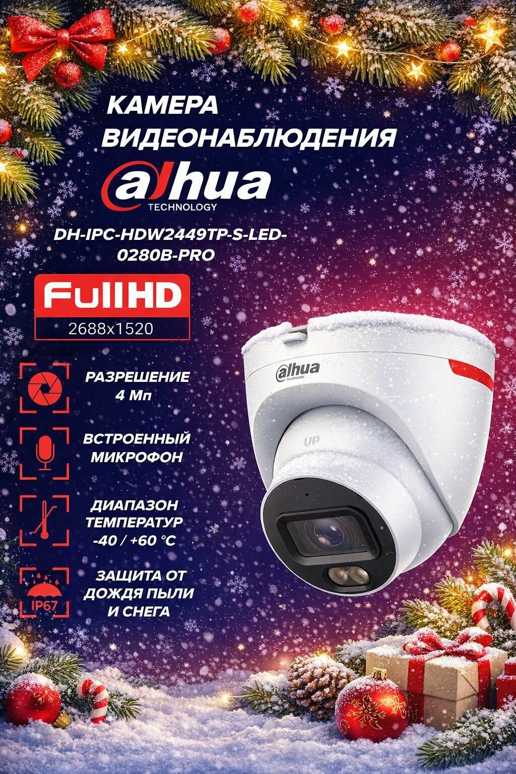 Dahua HDW2449TP-S-LED-0280B-PRO Wizcolor IP 4Мп с ИИ Уличная купольная IP-видеокамера с ИК-подсветкой до 30м