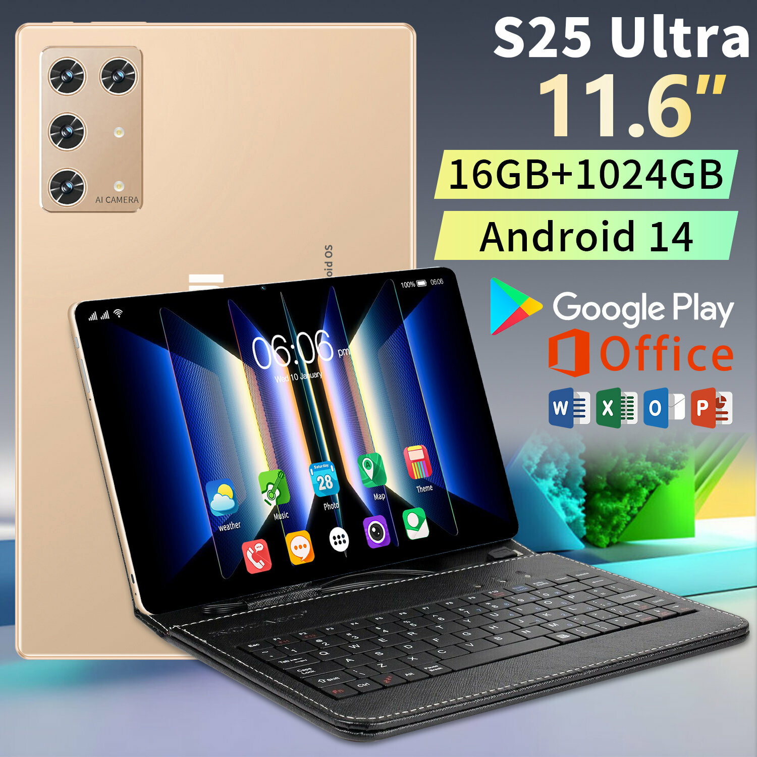 Игровой планшет S25 Ultra, клавиатура, 16GB, 1TB, 12ядер, экран 11.6", золотистый