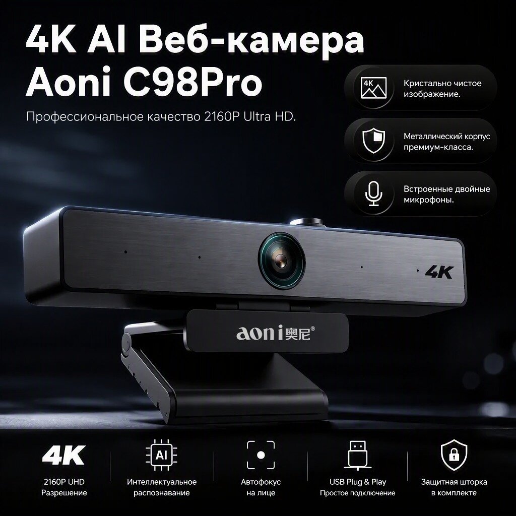 Веб-камера Aoni C98Pro 4K Ultra HD, автофокус, микрофон шумоподавление