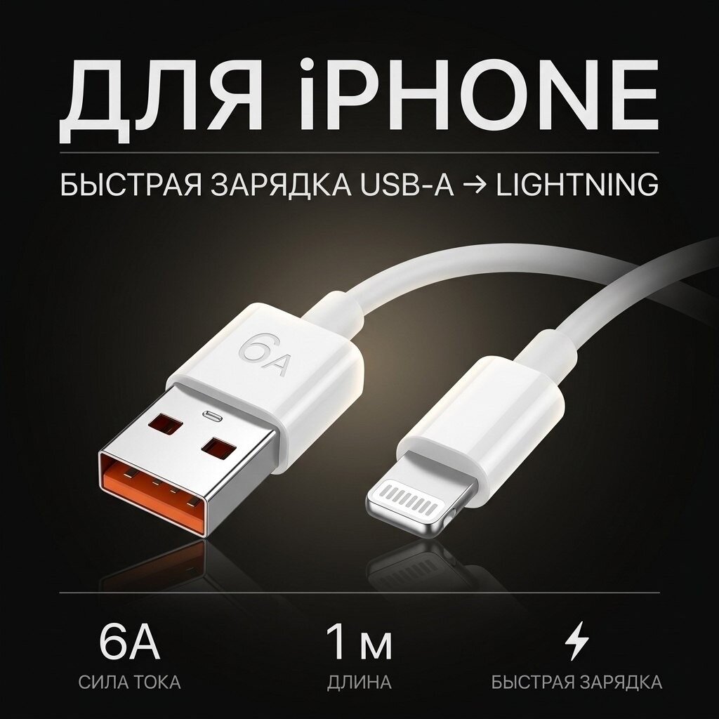 Кабель 1 метр, быстрая зарядка USB-A-LIGHTNING, сила тока до 6A