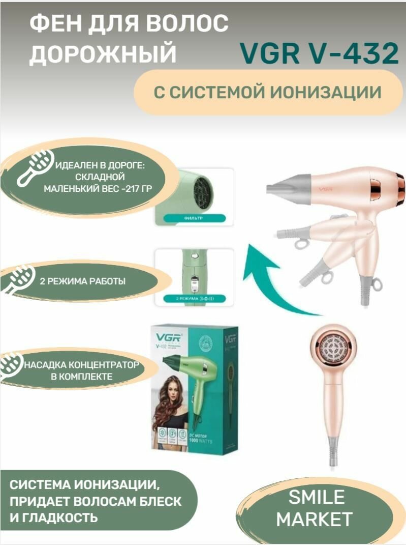 Фен для волос дорожный для сушки и укладки волос со складной ручкой VGR V-432, Розовый, компактный фен 1000Вт