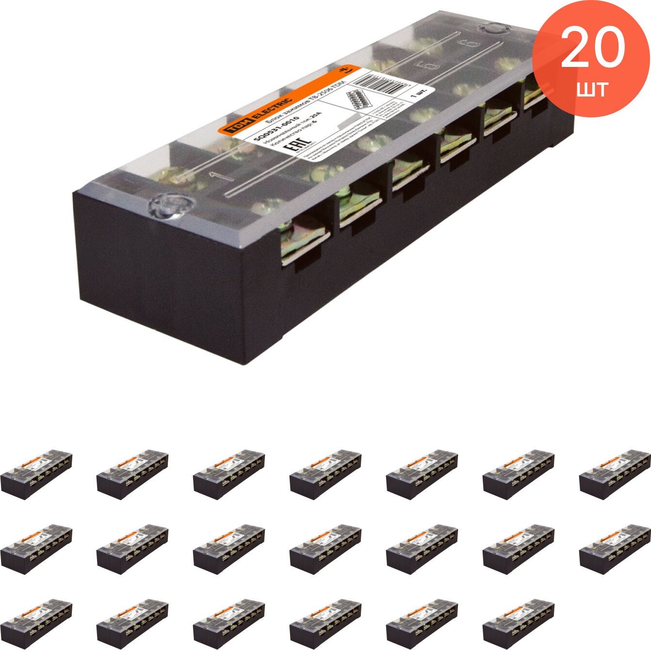 Блок зажимов TDM Electric / ТДМ Электрик ТВ-2506 колодка клеммная в корпусе из пластика черная, сечение 2.5мм2, 25А, 660В, 6 пар контактов / электрика (комплект из 20 шт)