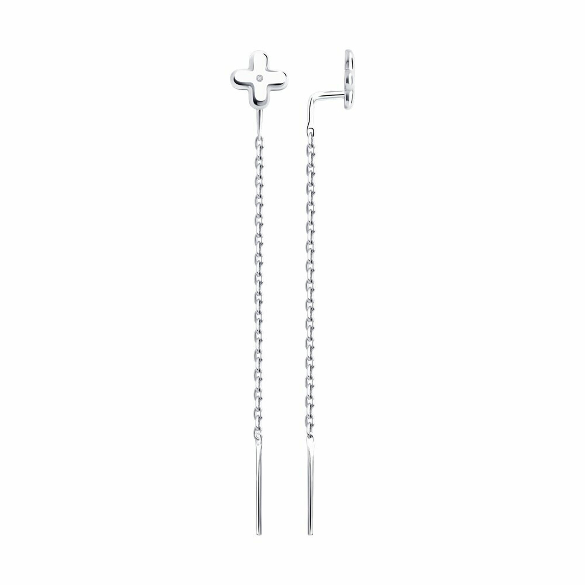 Серьги цепочки, серебро, 925 проба, родирование, бриллиант
