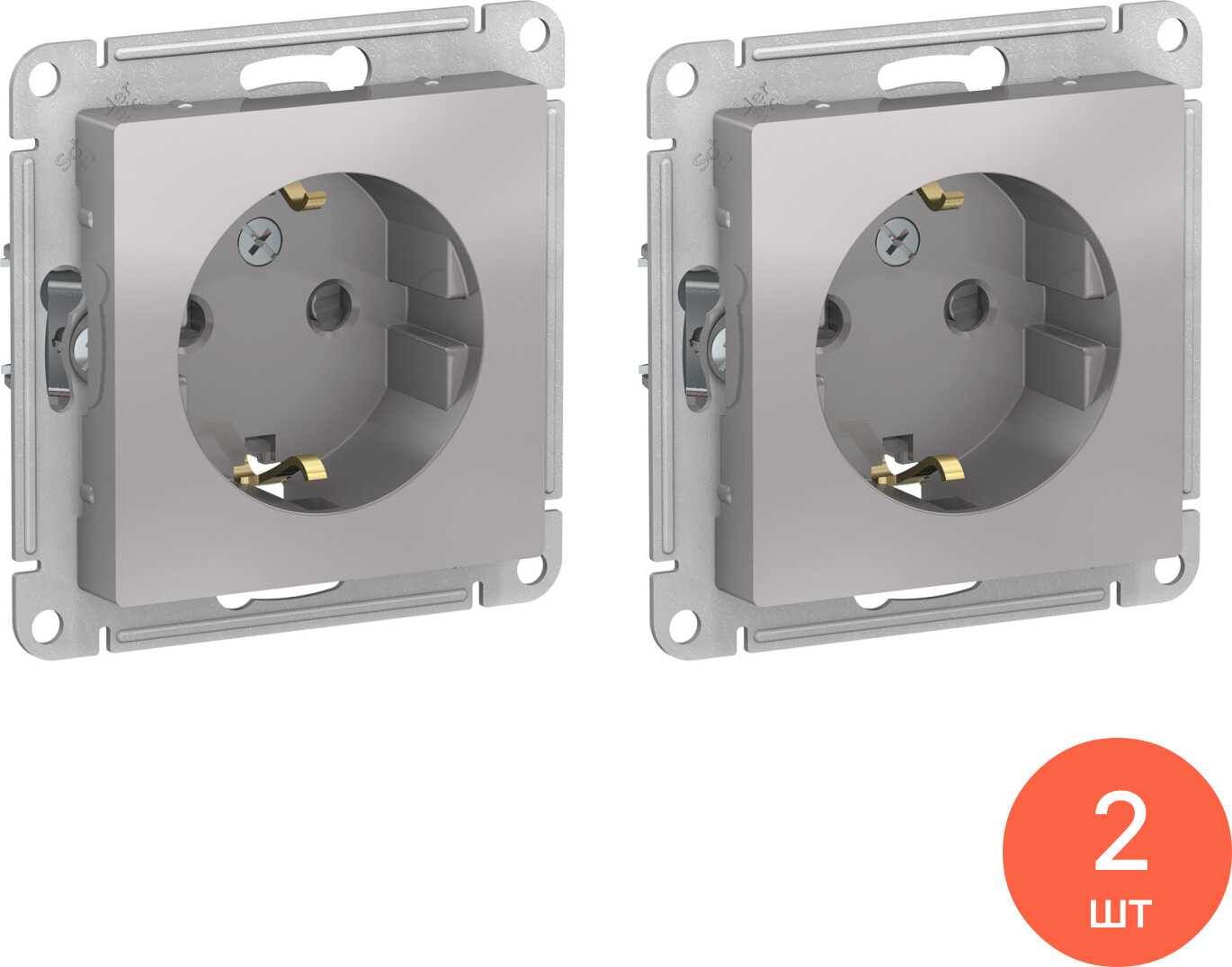 Розетка силовая штепсельная Systeme Electric / Систем Электрик AtlasDesign, 16А 250В IP20 алюминий, с заземляющим контактом и шторками ATN000345 / электрооборудование (комплект из 2 шт)