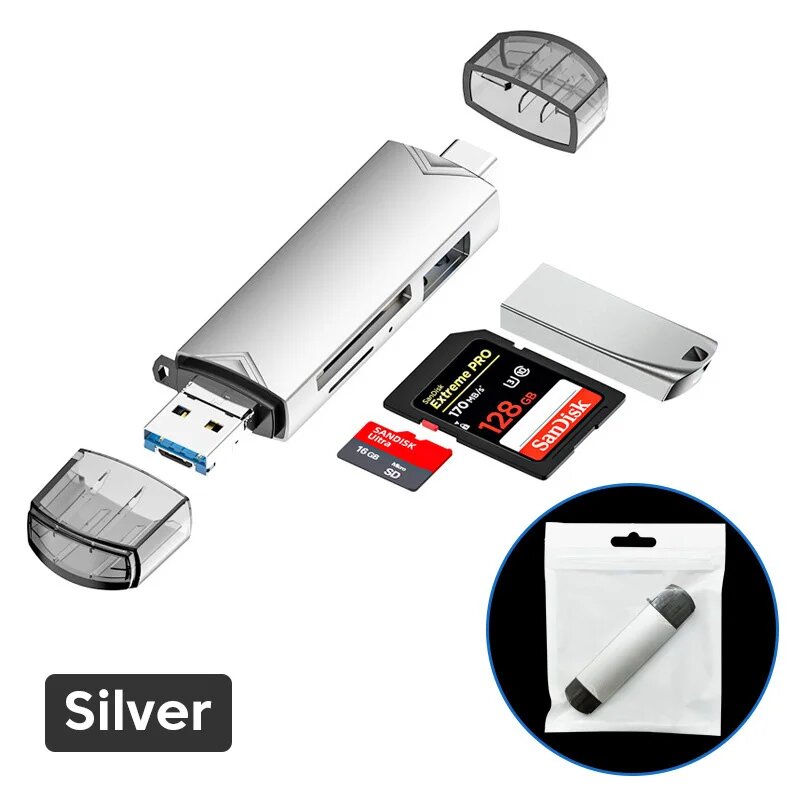 6 в 1 Silver кардридер USB Type-C Micro USB SD TF