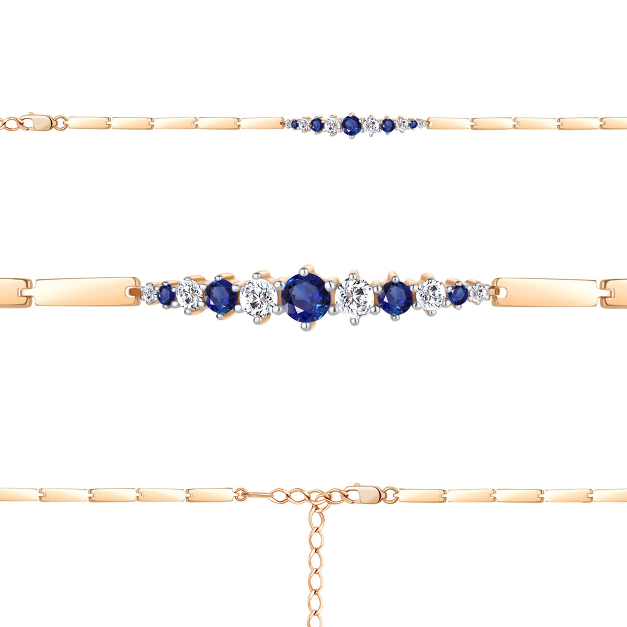 Браслет, серебро, 925 проба, золочение, сапфир синтетический, фианит