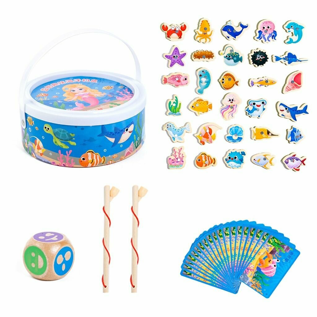 Магнитная деревянная океанская головоломка для рыбалки в бочонке с ведерком для малышей-20 рыбок, 1 кубик, 20 карточек, 2 удочки