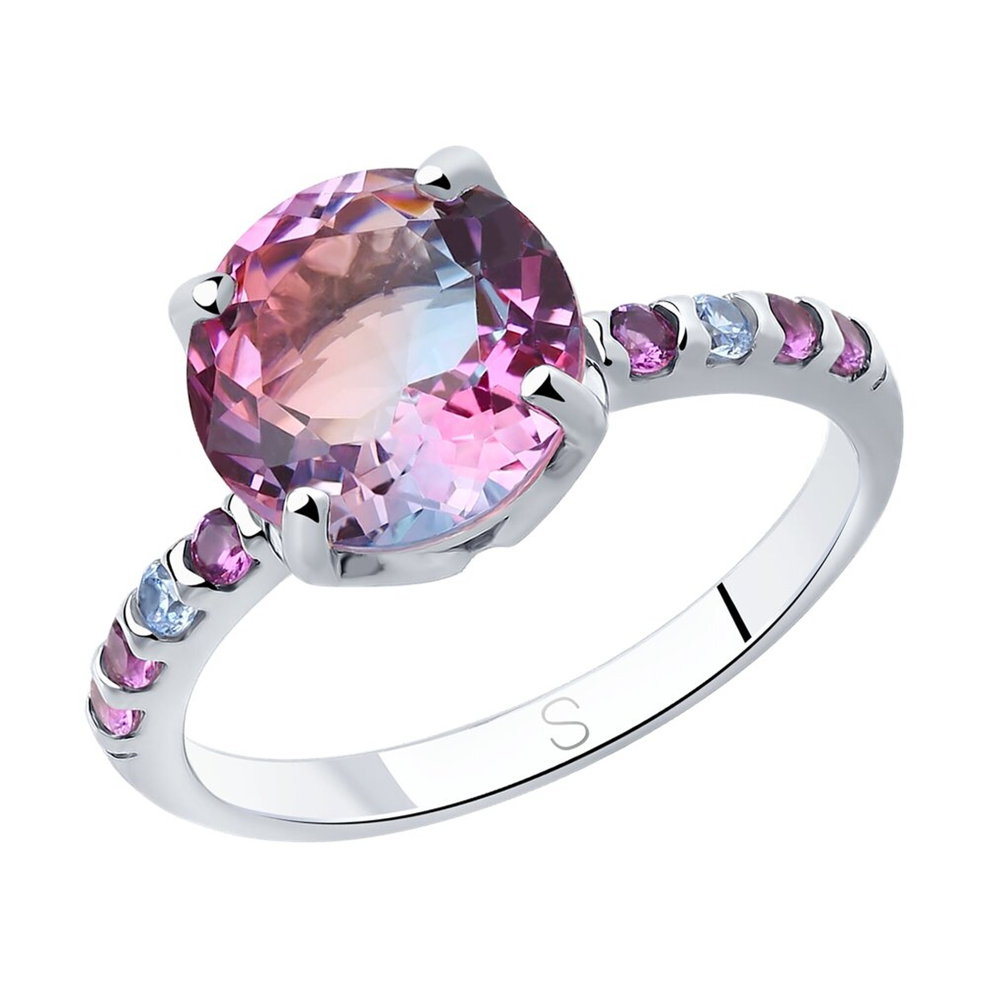 Кольцо, серебро, 925 проба, родирование, фианит, ситалл