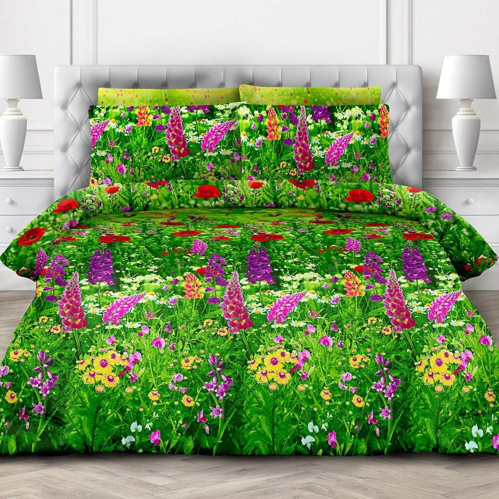 Покрывало Домашняя Мода стеганое "Луговые цветы" 260х215 см, спальное место 180 см, бязь набивная "Комфорт" 121 г/м2, хлопок 100%, наполнитель синтепон 70 г (Пк-ЕМ/мс)