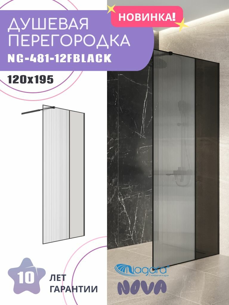 Душевая перегородка Niagara Nova NG-481-12FBLACK (120х200) черный матовый, стекло рифленое/тонированное,1 место