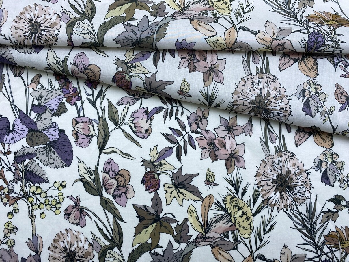 Ткань Батист белого цвета с принтом цветы , бабочки 14176