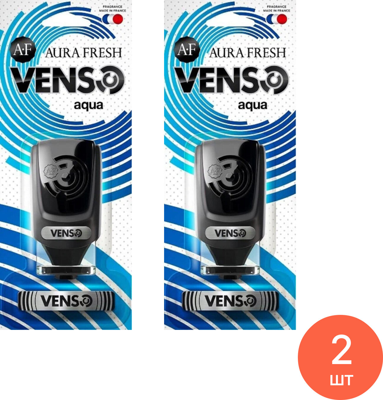 Ароматизатор автомобильный Aura Fresh / Аура Фреш Venso Aqua на дефлектор, морской аромат, 6мл / автотовары (комплект из 2 шт)