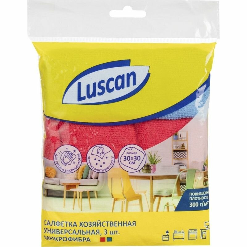 Салфетки хозяйственные Luscan микрофибра, 30х30х30 см, 3 шт