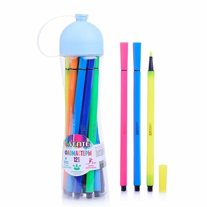 Фломастеры deVENTE 12 цветов, шестигранный корпус 8x165 мм, с вентилируемым колпачком (5081035)