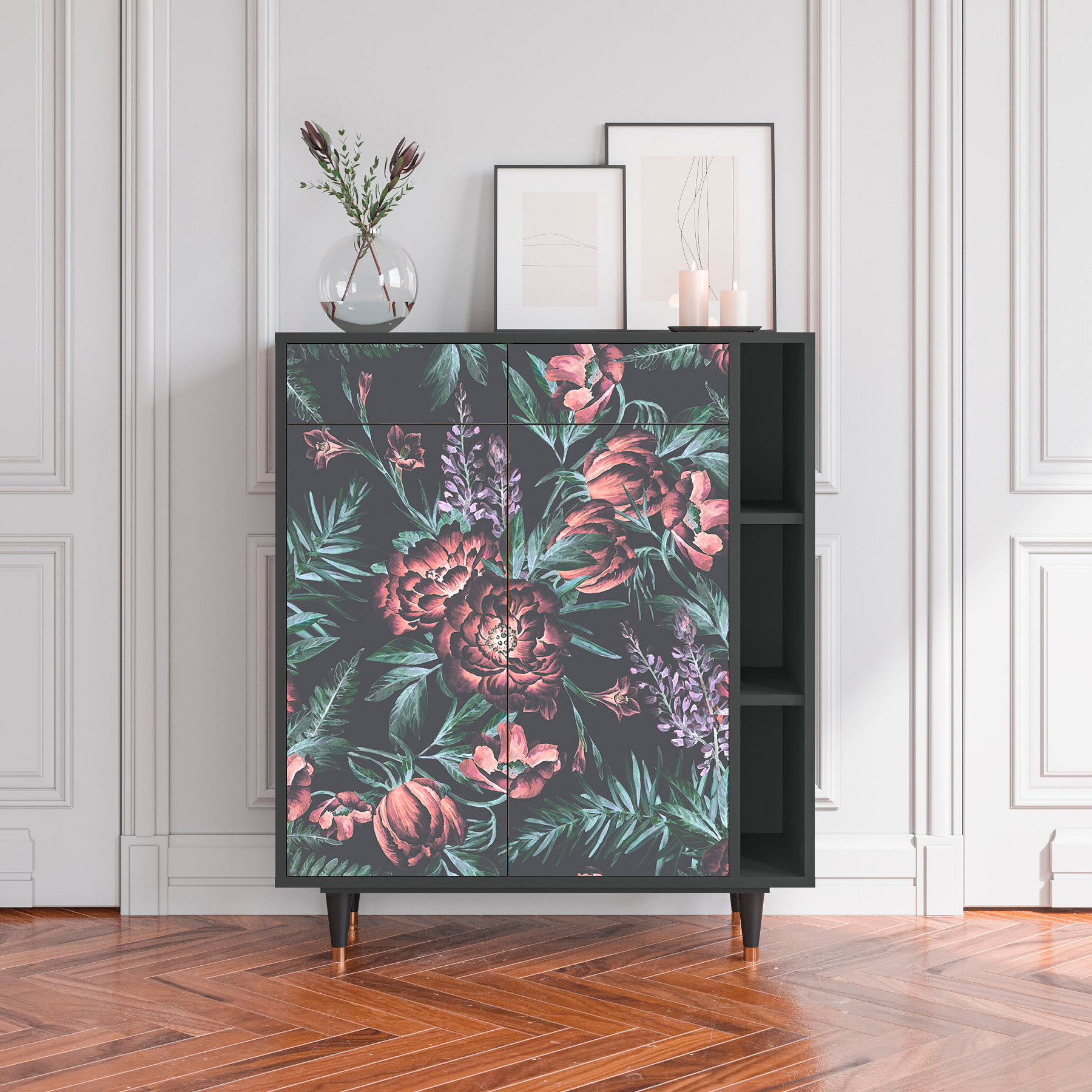 Комод - STORYZ - BS6 Dark Peonies, Размер - 94 x 110 x 41 см, Цвет корпуса - , Антрацит