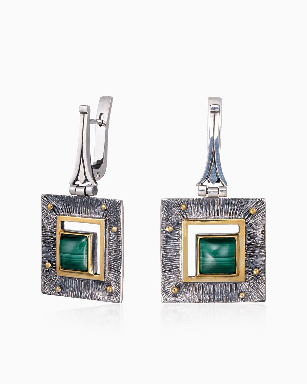 Серьги, серебро, 925 проба, чернение, золочение, малахит