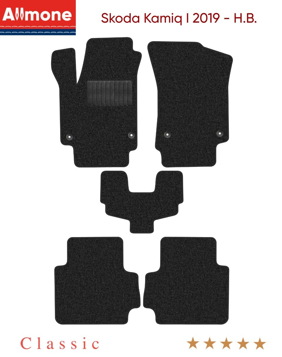 Ворсовые коврики Allmone для Skoda Kamiq 1 (suv) 2019 - Н. В, темно-серые, "Классик", 5шт / Шкода Камик 1 текстильные, в салон