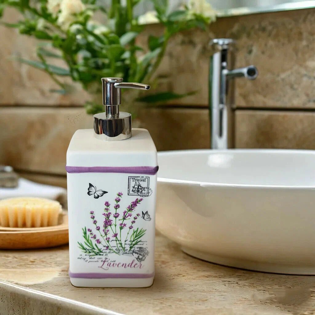 Дозатор керамический для жидкого мыла дизайн "Лаванда", объем 480 мл