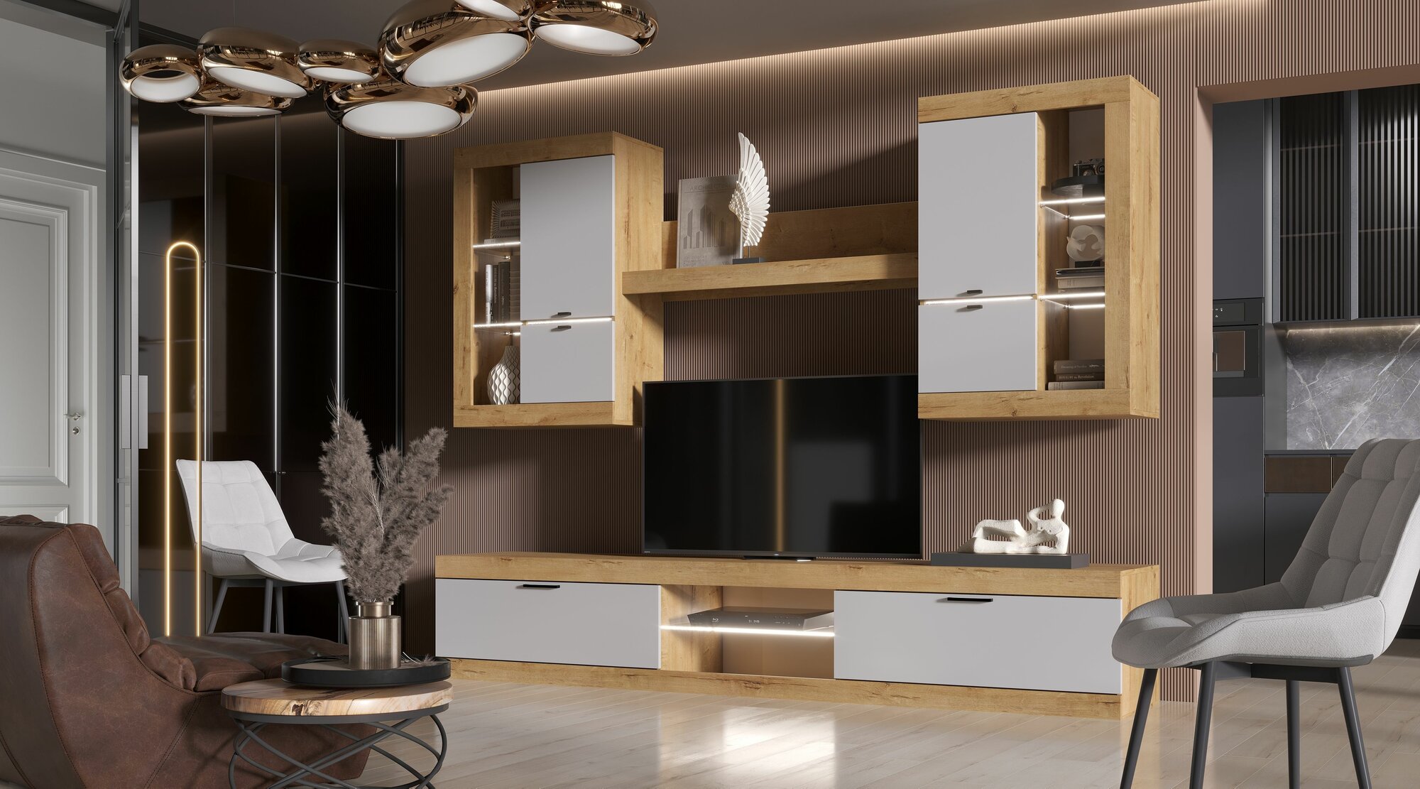 Комплект мебели для гостиной Прага (комп 33) Дуб Вотан/Белый гладкий